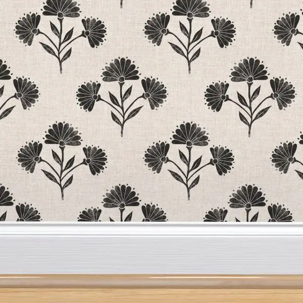 Spoonflower Suri Floral B W 100% Natural Sisal Grasscloth Wallcovering