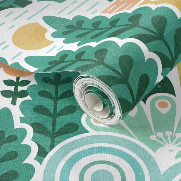 Spoonflower Landscape Nature Cats Animals Woods Tree Custom Pre-pasted Wallpaper - Green