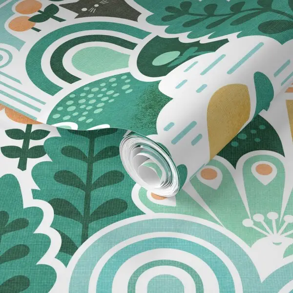 Spoonflower Landscape Nature Cats Animals Woods Tree Custom Pre-pasted Wallpaper - Green