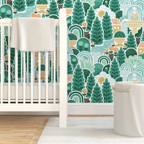 Spoonflower Landscape Nature Cats Animals Woods Tree Custom Pre-pasted Wallpaper