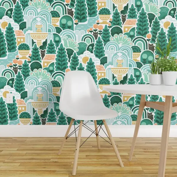 Spoonflower Landscape Nature Cats Animals Woods Tree Custom Pre-pasted Wallpaper