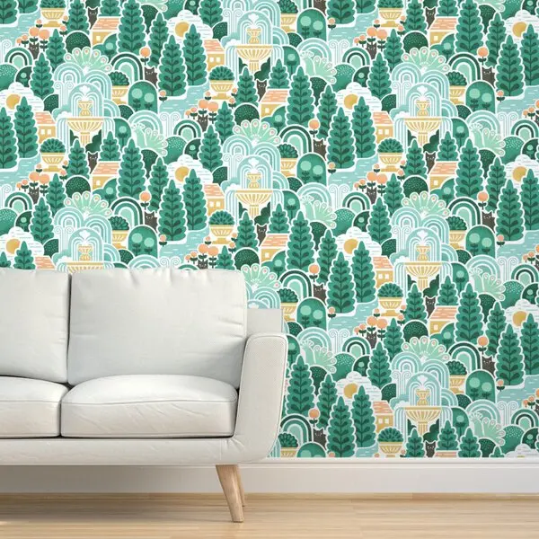 Spoonflower Landscape Nature Cats Animals Woods Tree Custom Pre-pasted Wallpaper