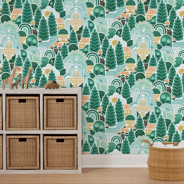 Spoonflower Landscape Nature Cats Animals Woods Tree Custom Pre-pasted Wallpaper