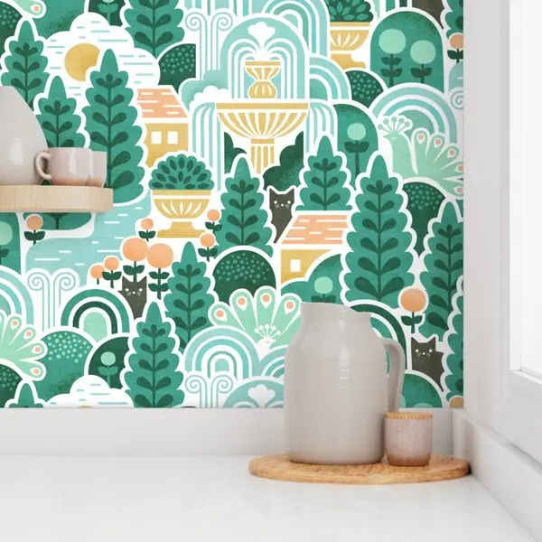 Spoonflower Landscape Nature Cats Animals Woods Tree Custom Pre-pasted Wallpaper