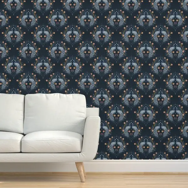 Spoonflower Folk Peacock Navy 100% Natural Sisal Grasscloth Wallcovering