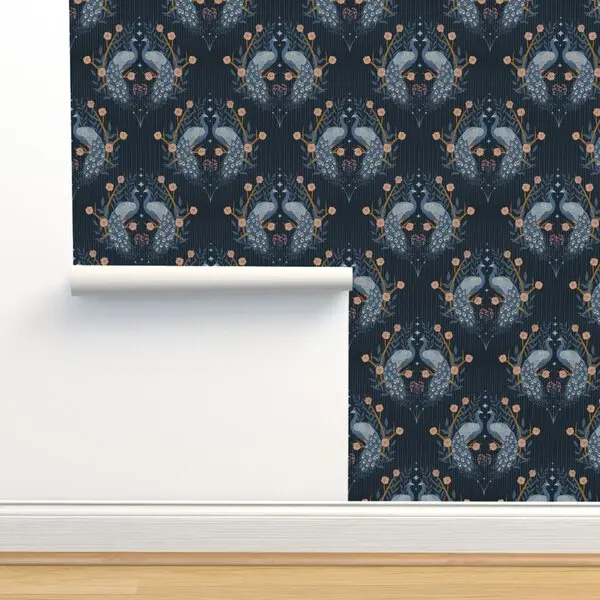 Spoonflower Folk Peacock Navy 100% Natural Sisal Grasscloth Wallcovering