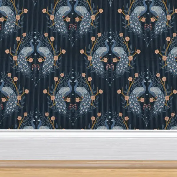 Spoonflower Folk Peacock Navy 100% Natural Sisal Grasscloth Wallcovering