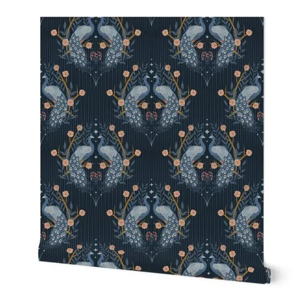 Spoonflower Folk Peacock Navy 100% Natural Sisal Grasscloth Wallcovering