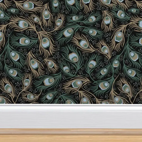 Spoonflower Peacock Feathers 100% Natural Sisal Grasscloth Wallcovering