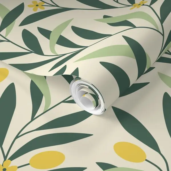 Spoonflower Green Yellow Botanical Garden Floral Nature Custom Pre-pasted Wallpaper - Green,yellow