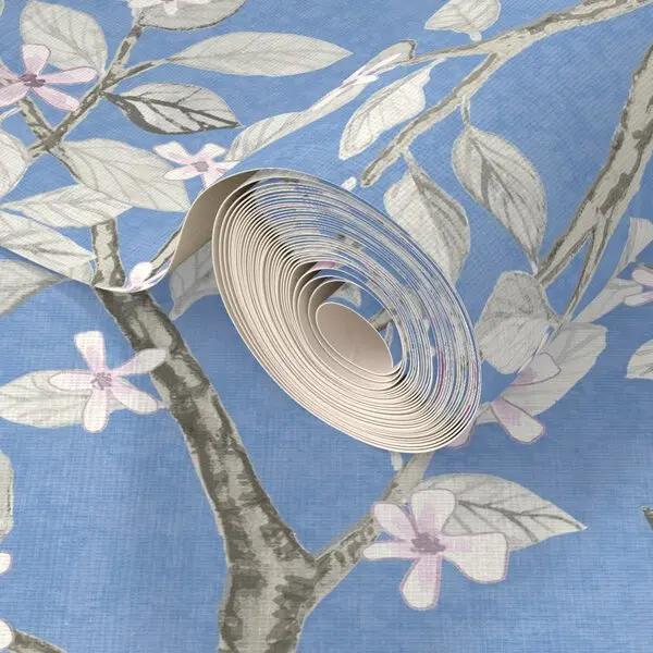 Spoonflower Cornflower Climbing Citrus Grove With Peonies 100% Natural Sisal Grasscloth Wallcovering - Blue,purple,gray