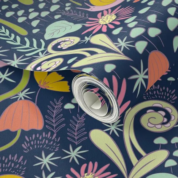 Spoonflower Whimsical Forest Snails Frogs Mushrooms Custom Pre-pasted Wallpaper