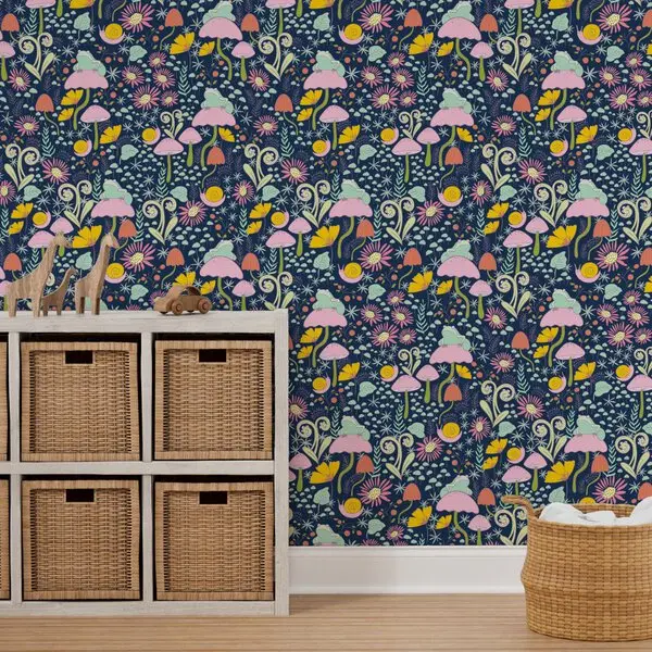 Spoonflower Whimsical Forest Snails Frogs Mushrooms Custom Pre-pasted Wallpaper