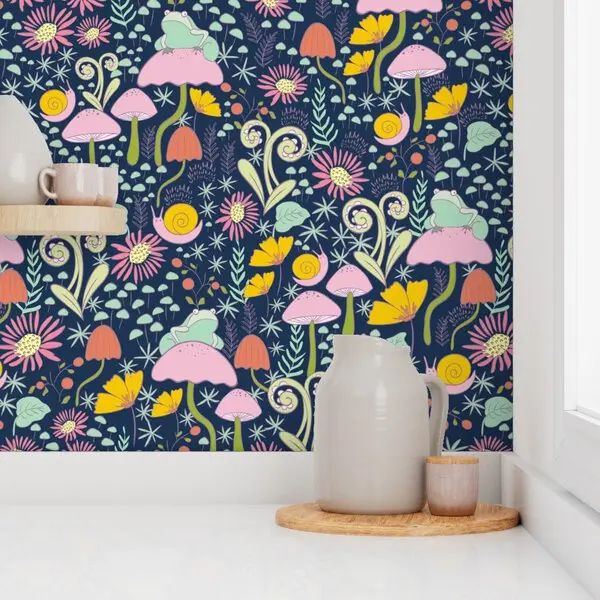 Spoonflower Whimsical Forest Snails Frogs Mushrooms Custom Pre-pasted Wallpaper