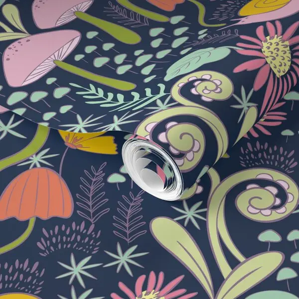 Spoonflower Whimsical Forest Snails Frogs Mushrooms Custom Pre-pasted Wallpaper - Blue