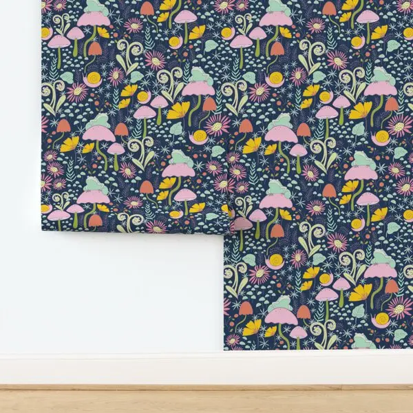 Spoonflower Whimsical Forest Snails Frogs Mushrooms Custom Pre-pasted Wallpaper - Blue