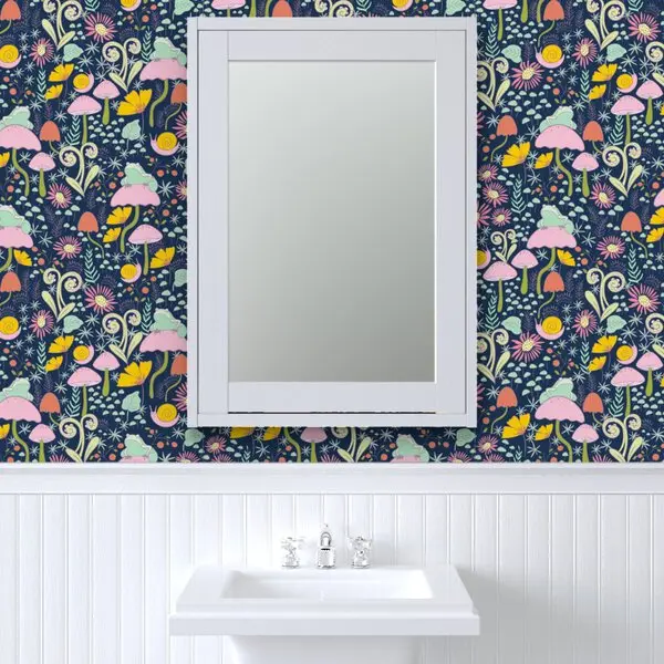 Spoonflower Whimsical Forest Snails Frogs Mushrooms Custom Pre-pasted Wallpaper - Blue