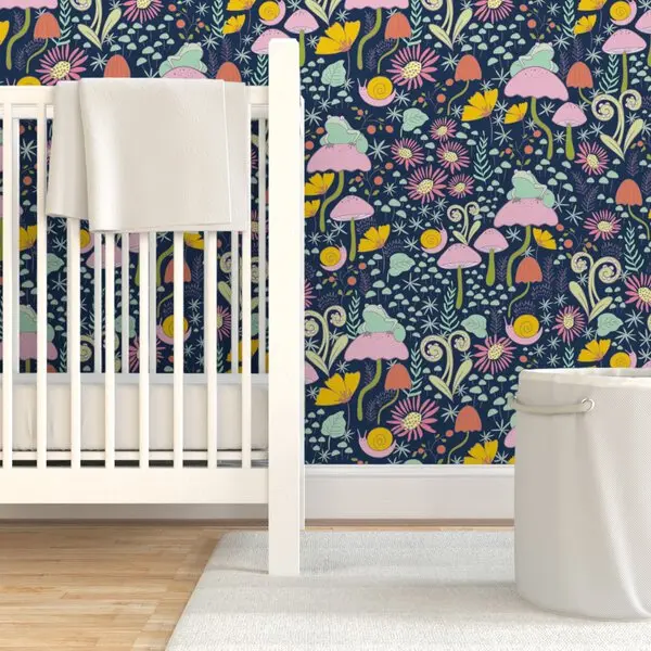 Spoonflower Whimsical Forest Snails Frogs Mushrooms Custom Pre-pasted Wallpaper - Blue
