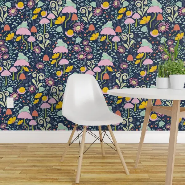 Spoonflower Whimsical Forest Snails Frogs Mushrooms Custom Pre-pasted Wallpaper - Blue