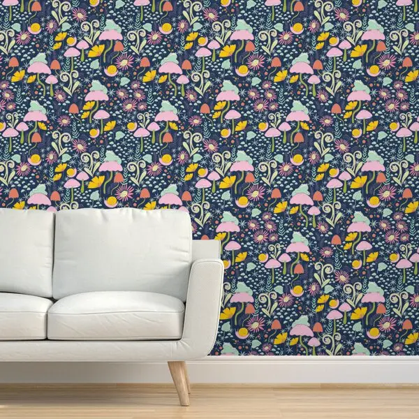 Spoonflower Whimsical Forest Snails Frogs Mushrooms Custom Pre-pasted Wallpaper - Blue