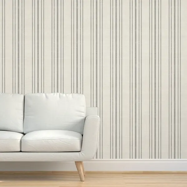 Spoonflower Aegean Multi Ticking Stripe Grey 100% Natural Sisal Grasscloth Wallcovering - Gray,green