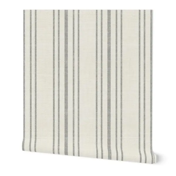 Spoonflower Aegean Multi Ticking Stripe Grey 100% Natural Sisal Grasscloth Wallcovering - Gray,green