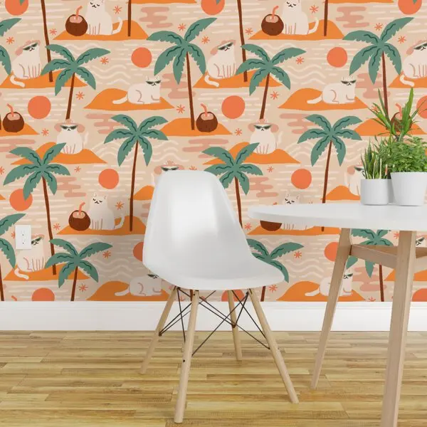 Spoonflower Retro Cats Sunset Whimsical Beach Sunglasses Custom Pre-pasted Wallpaper