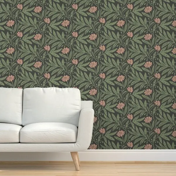 Spoonflower Flower Green Modern Dark Daisy Folk Art Custom Pre-pasted Wallpaper - Black