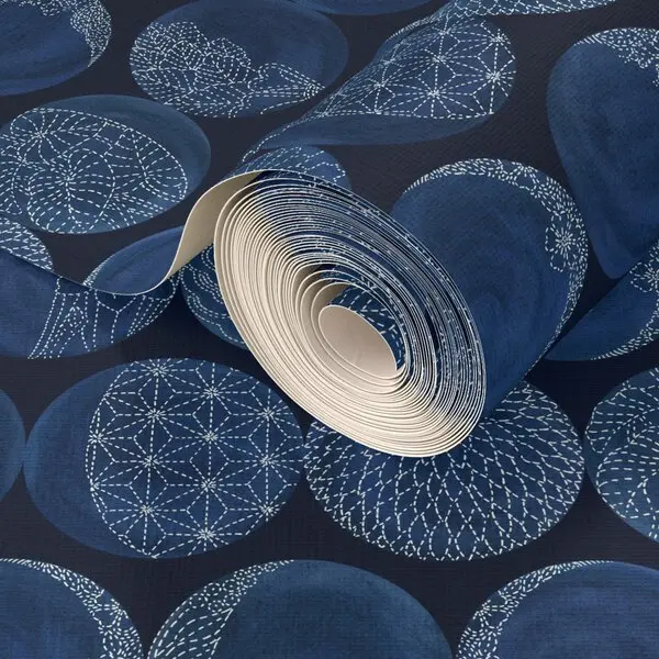 Spoonflower Sashiko Moon Japan Hawaii Outer Space 100% Natural Sisal Grasscloth Wallcovering - Blue
