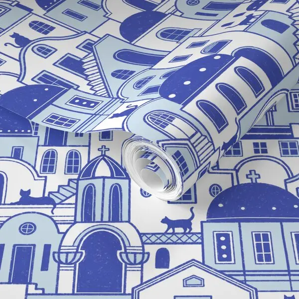 Spoonflower Greek Electric Blue Greece Santorini Mediterranean Custom Pre-pasted Wallpaper - White,blue