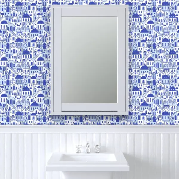 Spoonflower Greek Electric Blue Greece Santorini Mediterranean Custom Pre-pasted Wallpaper - White,blue