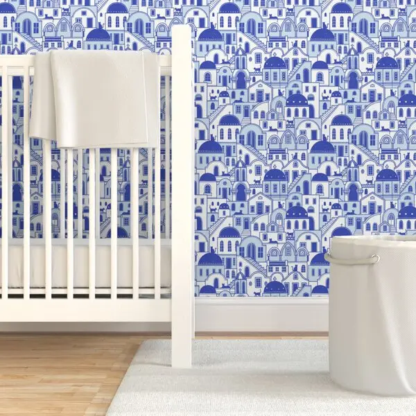 Spoonflower Greek Electric Blue Greece Santorini Mediterranean Custom Pre-pasted Wallpaper - White,blue