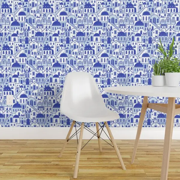 Spoonflower Greek Electric Blue Greece Santorini Mediterranean Custom Pre-pasted Wallpaper - White,blue