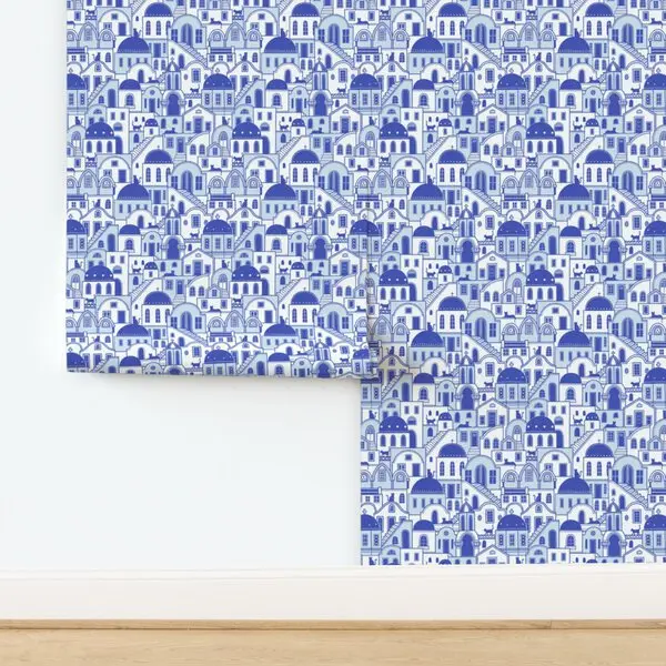 Spoonflower Greek Electric Blue Greece Santorini Mediterranean Custom Pre-pasted Wallpaper - White,blue