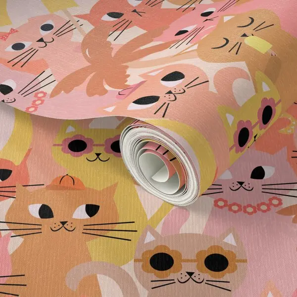 Spoonflower Pink Cat Beach Vacation Summer Sunglasses Umbrella Custom Pre-pasted Wallpaper - Pink,yellow,brown