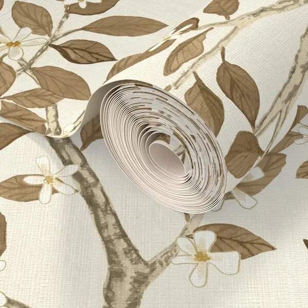 Spoonflower Sepia Cream Climbing Citrus Grove With Peonies 100% Natural Sisal Grasscloth Wallcovering - Gray,brown