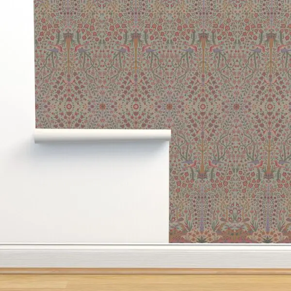 Spoonflower Damask Serpentine Renaissance Medieval Islamic 100% Natural Sisal Grasscloth Wallcovering - Gray,brown,pink