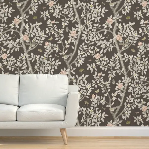 Spoonflower Chocolate Elsie's Garden 100% Natural Sisal Grasscloth Wallcovering - Gray