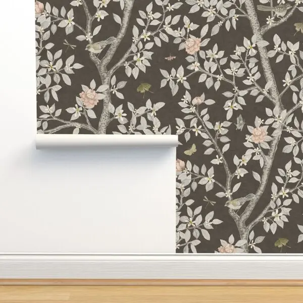 Spoonflower Chocolate Elsie's Garden 100% Natural Sisal Grasscloth Wallcovering - Gray