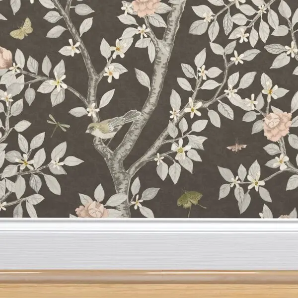 Spoonflower Chocolate Elsie's Garden 100% Natural Sisal Grasscloth Wallcovering - Gray