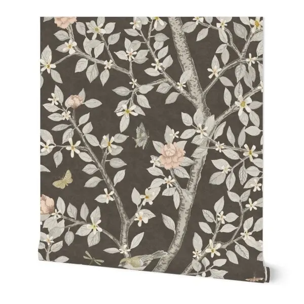 Spoonflower Chocolate Elsie's Garden 100% Natural Sisal Grasscloth Wallcovering - Gray
