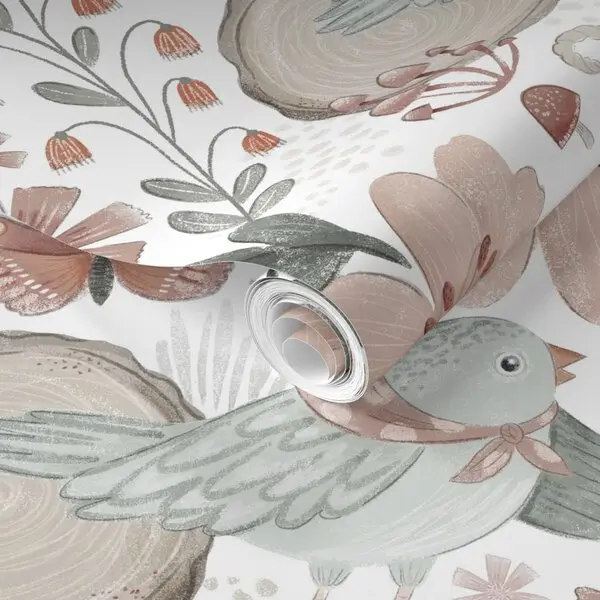 Spoonflower Woodland Birds Forest Nursery And Branches Custom Removable Wallpaper - Pink