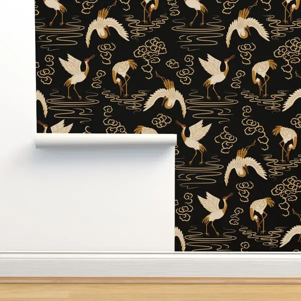 Spoonflower Japanese Cranes 100% Natural Sisal Grasscloth Wallcovering