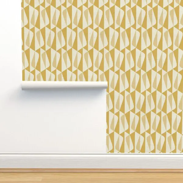 Spoonflower Mcm Geo Sungold 100% Natural Sisal Grasscloth Wallcovering - White,yellow,orange