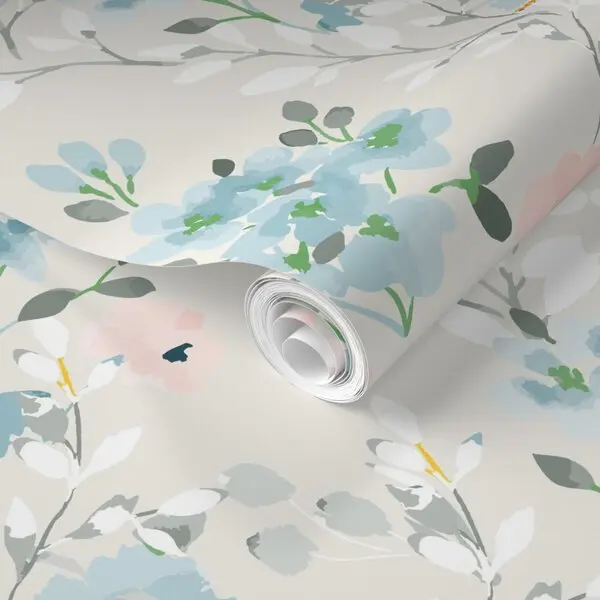 Spoonflower Romantic Floral Blue Gray Pink Watercolor Flowers Custom Pre-pasted Wallpaper - White,blue,gray