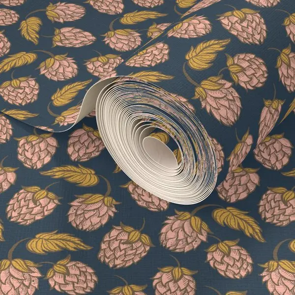 Spoonflower Hops Botanical In Pink On Navy 100% Natural Sisal Grasscloth Wallcovering - Blue,brown