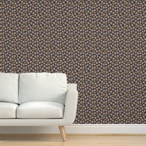 Spoonflower Hops Botanical In Pink On Navy 100% Natural Sisal Grasscloth Wallcovering