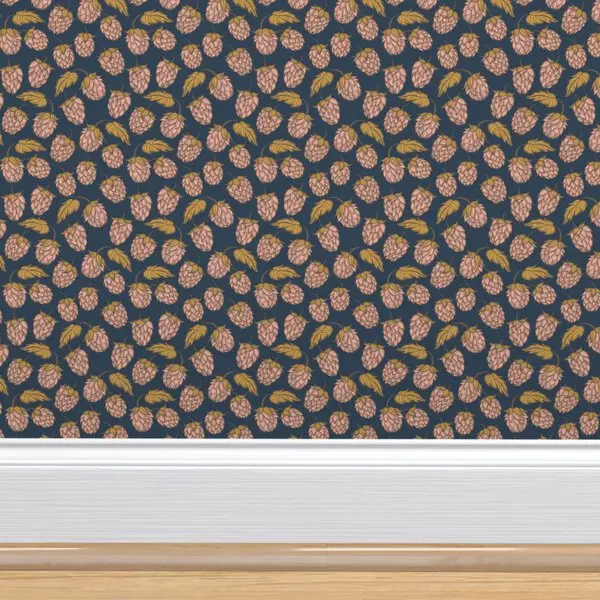 Spoonflower Hops Botanical In Pink On Navy 100% Natural Sisal Grasscloth Wallcovering