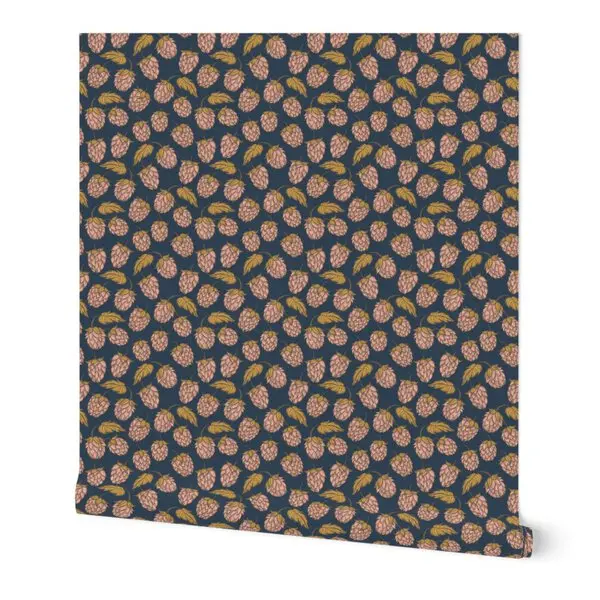 Spoonflower Hops Botanical In Pink On Navy 100% Natural Sisal Grasscloth Wallcovering