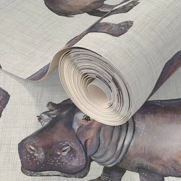 Spoonflower Hippo Safari Hippopotamus Animal 100% Natural Sisal Grasscloth Wallcovering - Gray